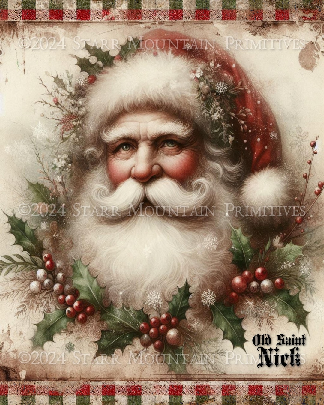 Primitive Farmhouse Old World Santa Claus Saint Nick Christmas Holly ...