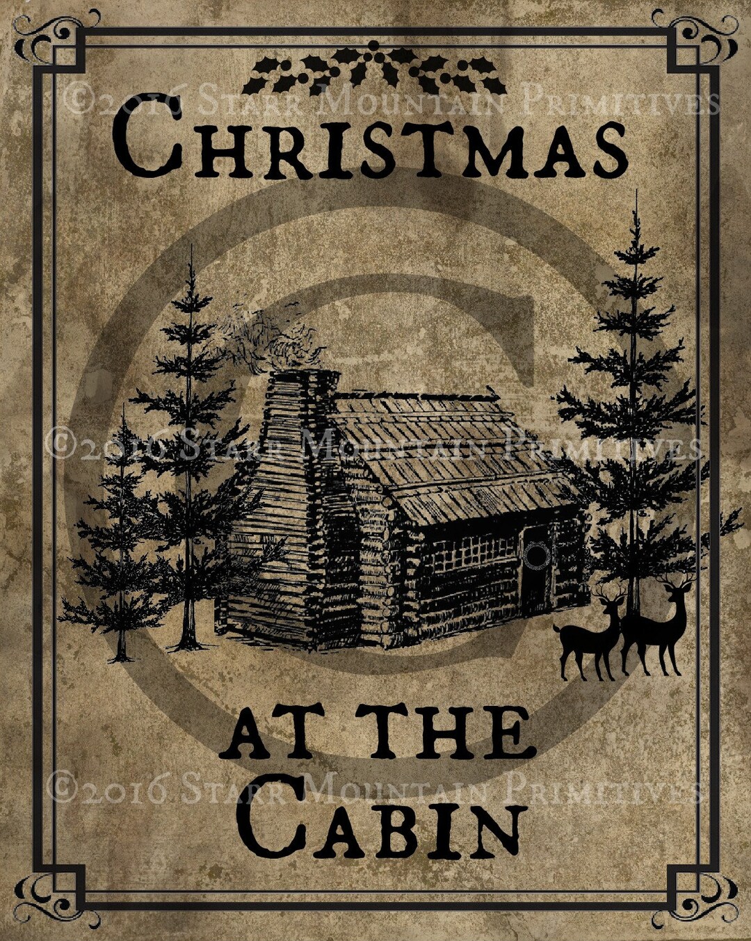 Primitive Christmas Log Cabin Pine Tree Pantry Logo Label Jpeg Digital ...