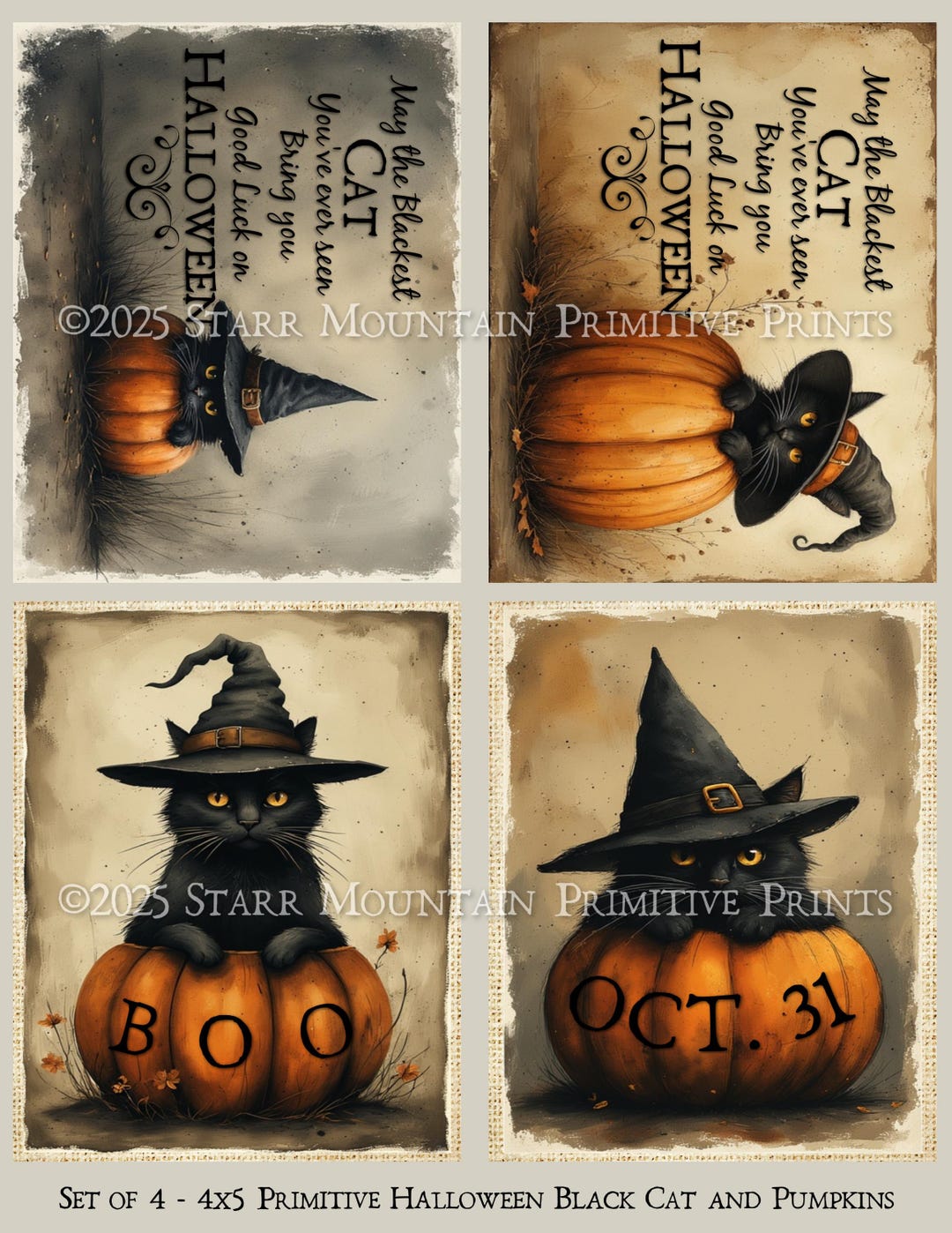 Primitive Fall Autumn Halloween Black Cat Luck Poem Witch Hat Pumpkin ...