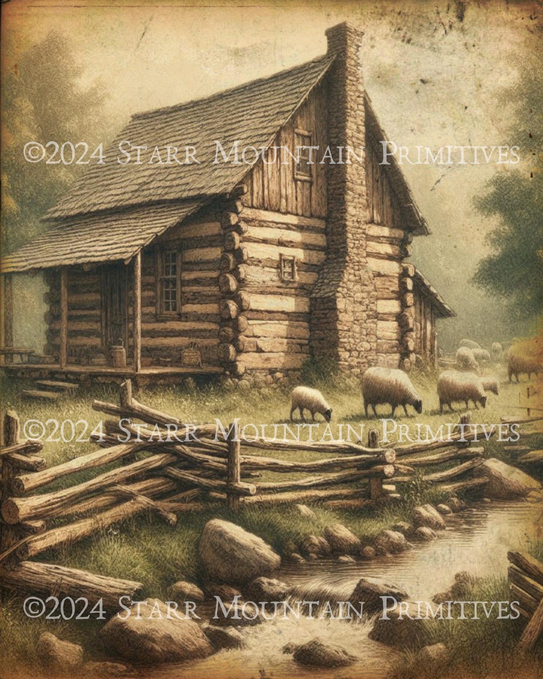 Primitive Historic Antique Log Cabin With Sheep and Mountain Stream ...