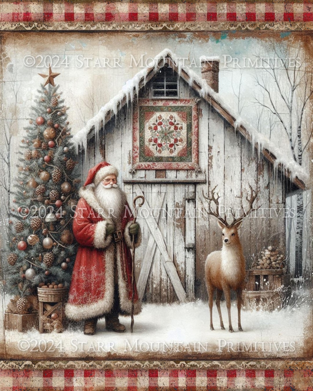 Primitive Farmhouse Christmas Old World Woodland Santa Claus Reindeer ...