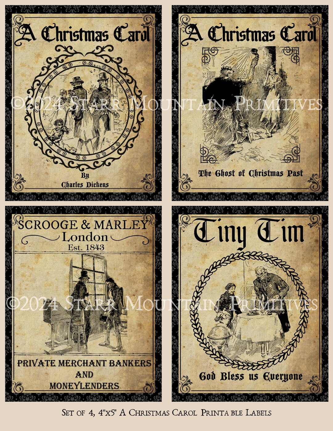 Primitive Vintage A Christmas Carol Scrooge Tiny Tim Set of 4 Pantry ...