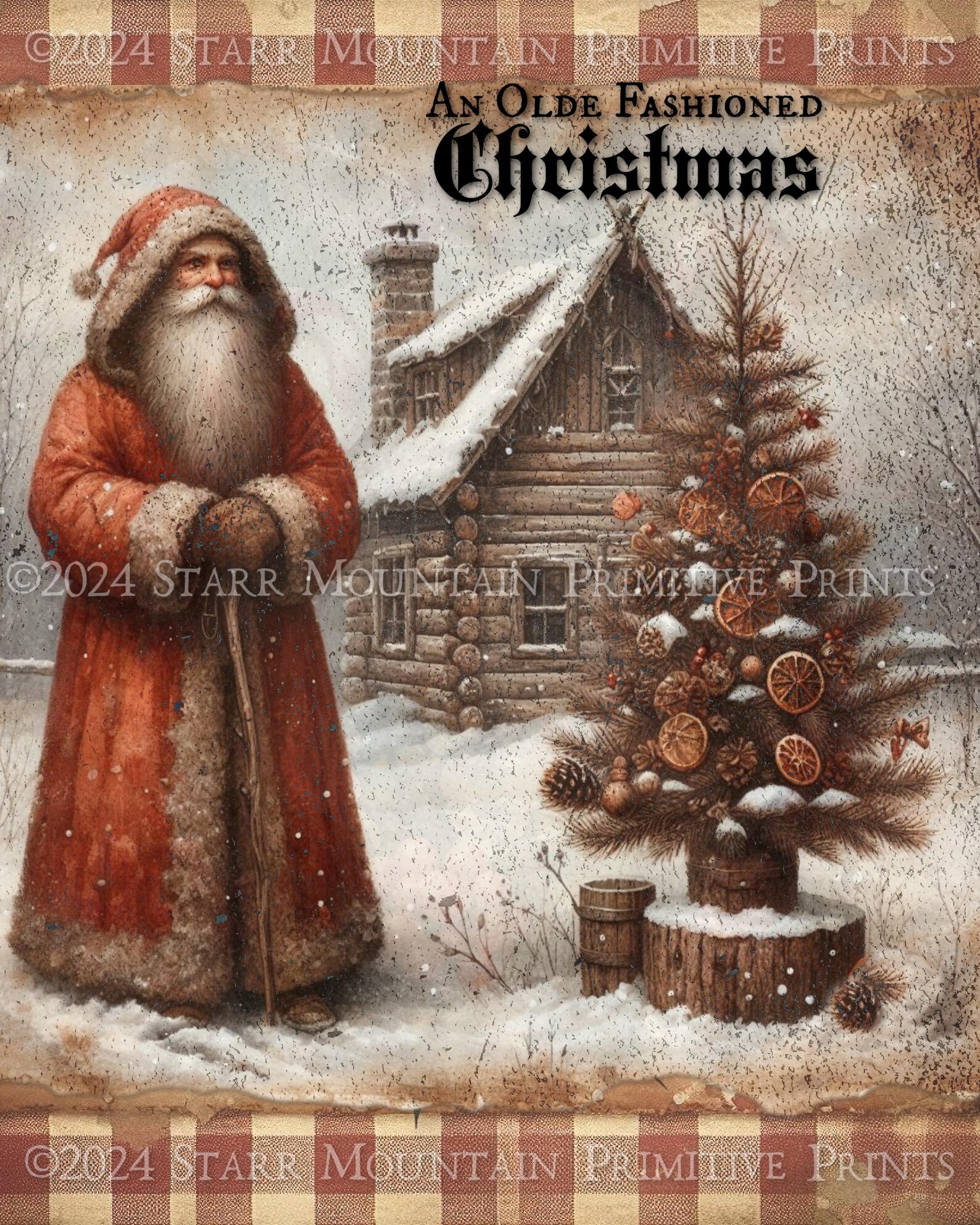 Primitive Old World Woodland Santa Claus Log Cabin Christmas Dried ...