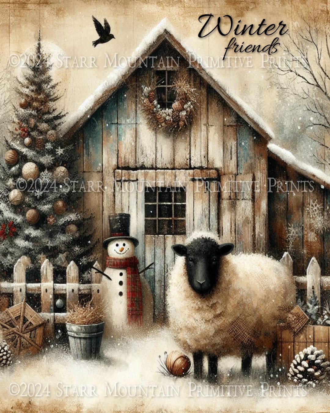 Primitive Farmhouse Winter Friends Christmas Tree Sheep Barn Fence ...