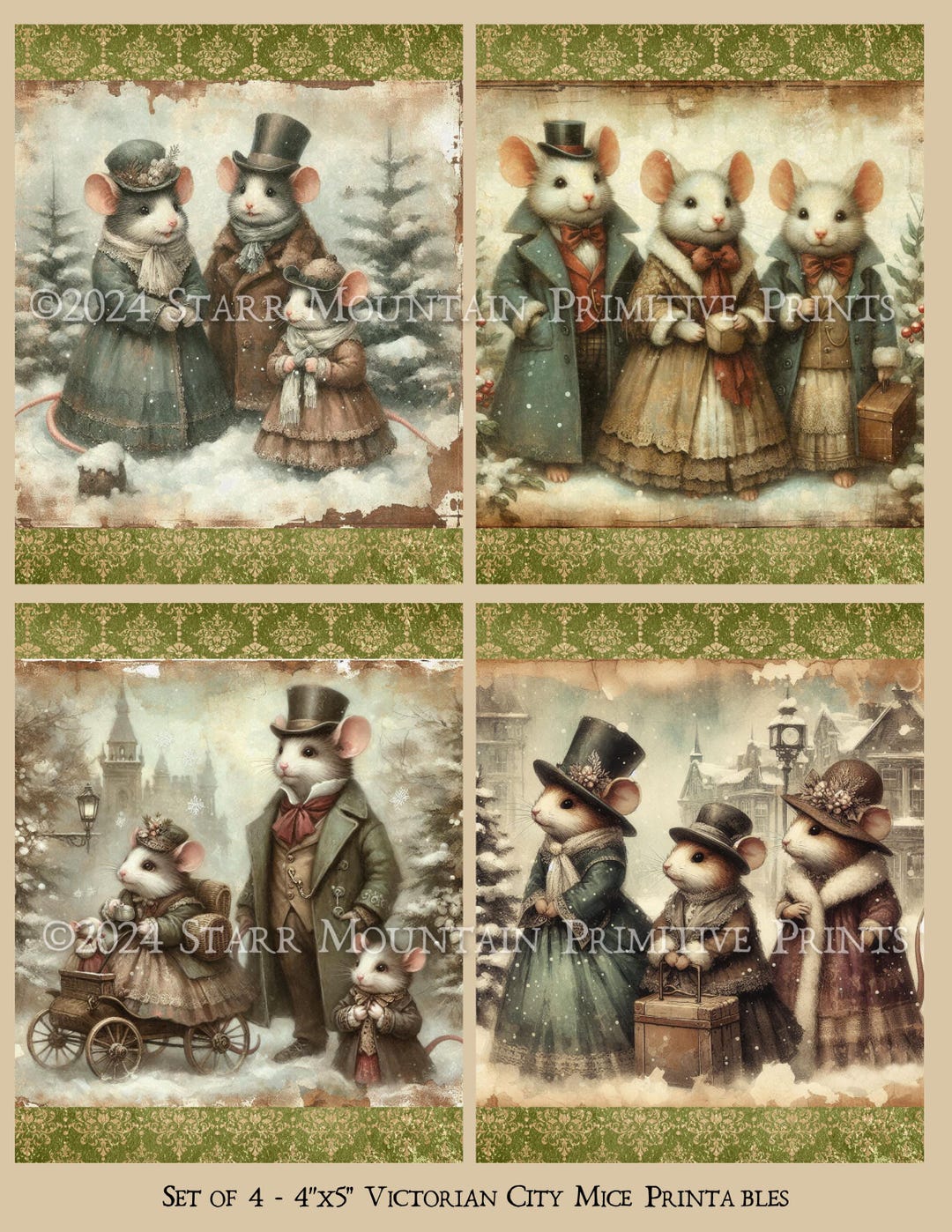 Primitive Vintage Victorian Winter Christmas City Mice Mouse Set of 4 ...
