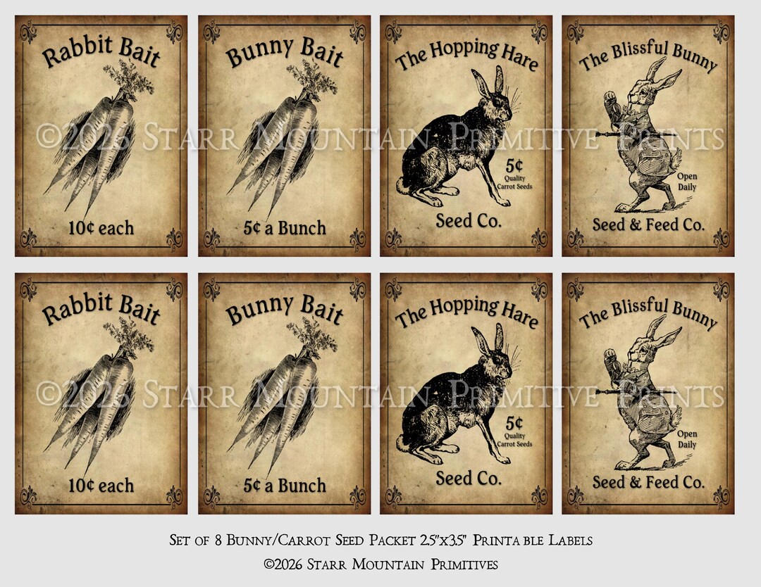 Primitive Carrots Bunny Rabbit Bait Seed Packet Set 8 - 2.5x3.5 Digital ...