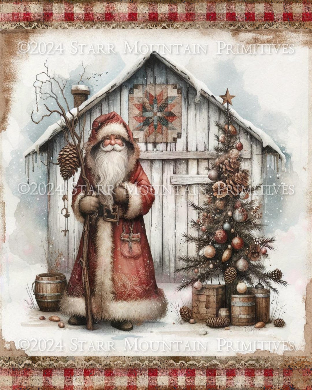 Primitive Farmhouse Christmas Old World Woodland Santa Claus White Barn ...