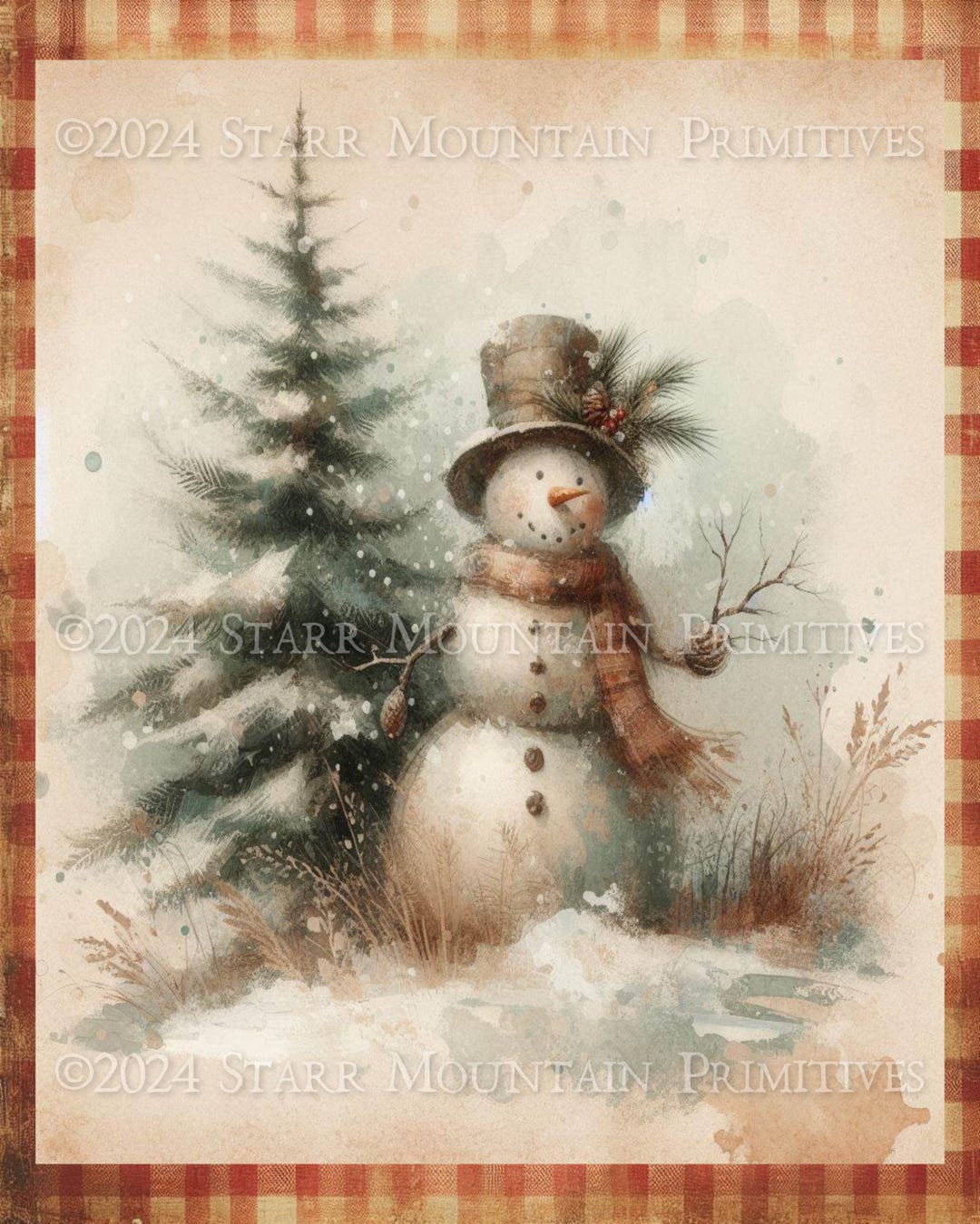 Primitive Farmhouse Woodland Snowman Christmas Pine Tree Snow Gingham ...