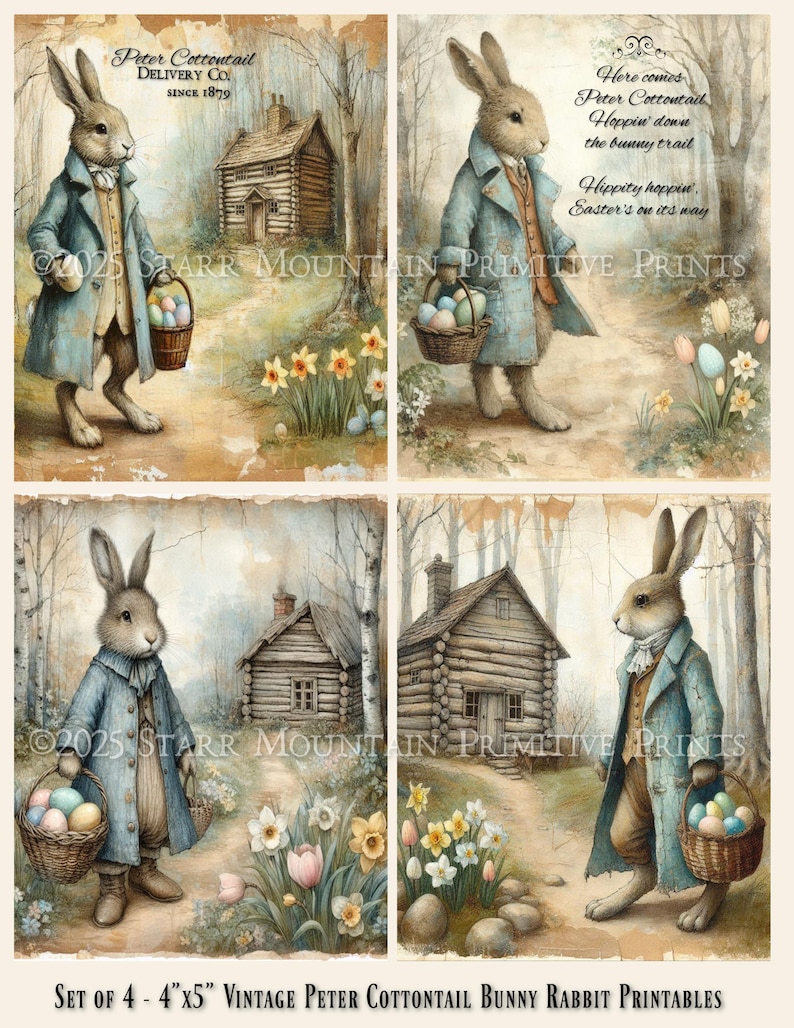 Primitive Peter Cottontail Bunny Rabbit Cabin Daffodils Set of 4 4x5 ...