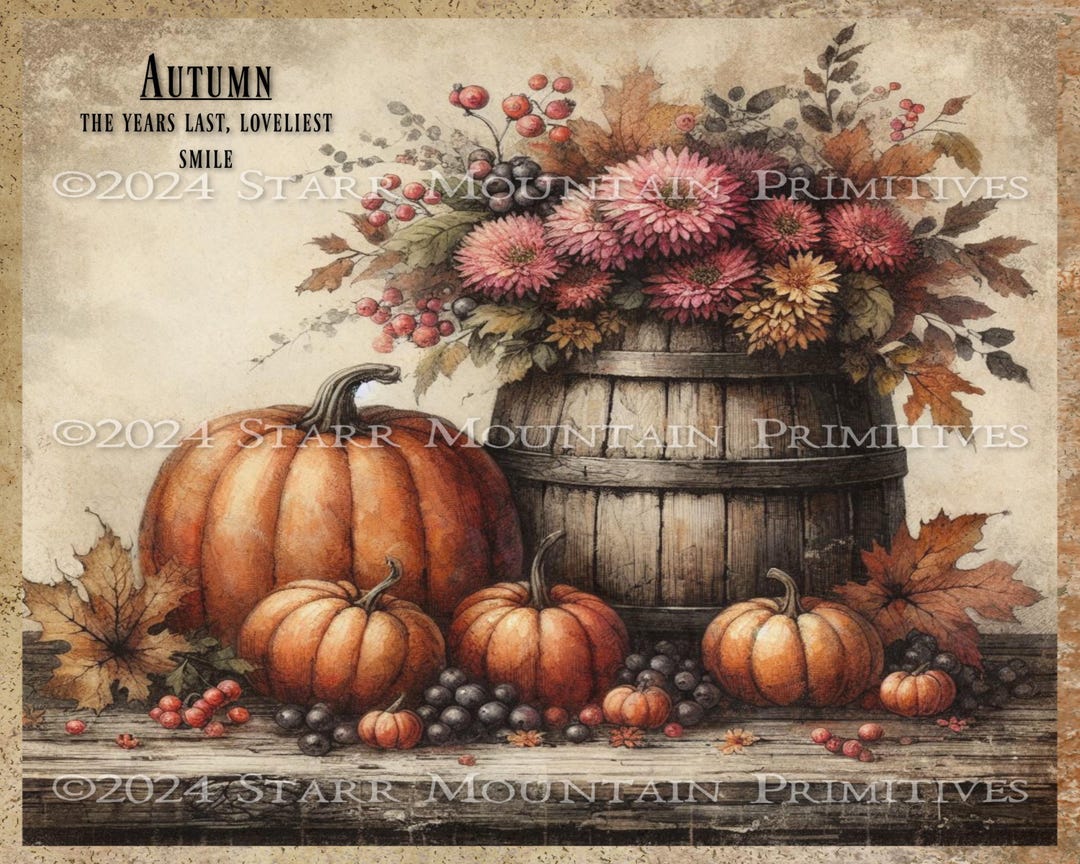 Primitive Farmhouse Pumpkin Mums Wooden Barrel Printable Still Life ...