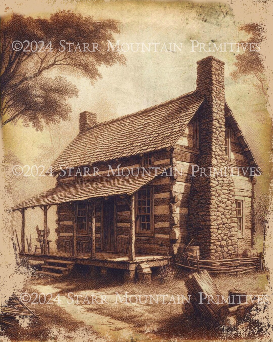 Primitive Historic Antique Log Cabin Sepia Print Homestead Label Jpeg ...