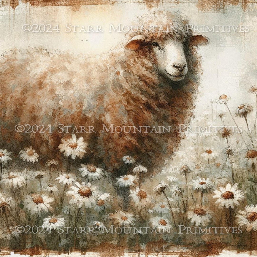 Primitive Farmhouse Sheep Field of Daisies Daisy Printable Painting ...