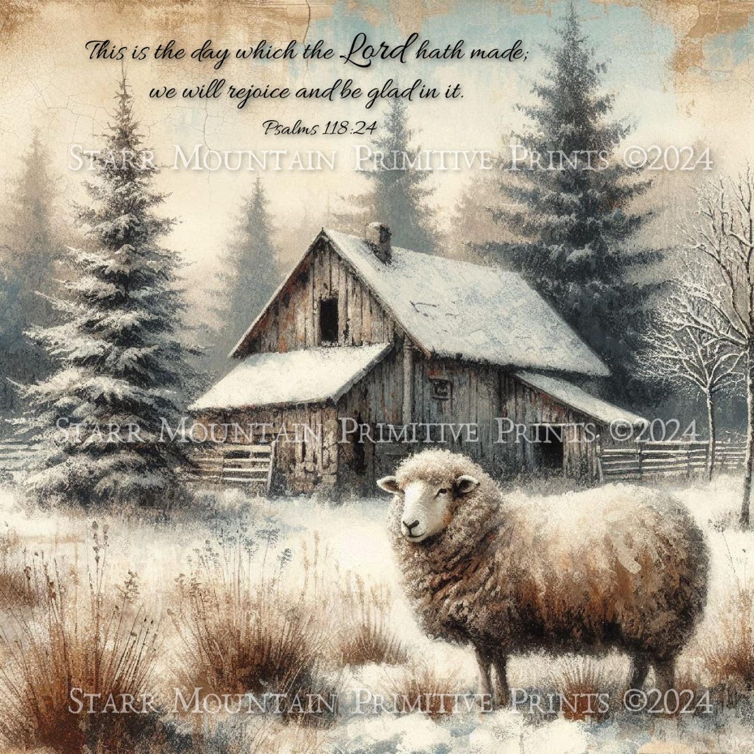 Primitive Inspirational Bible Verse Winter Sheep Snow Barn Printable ...