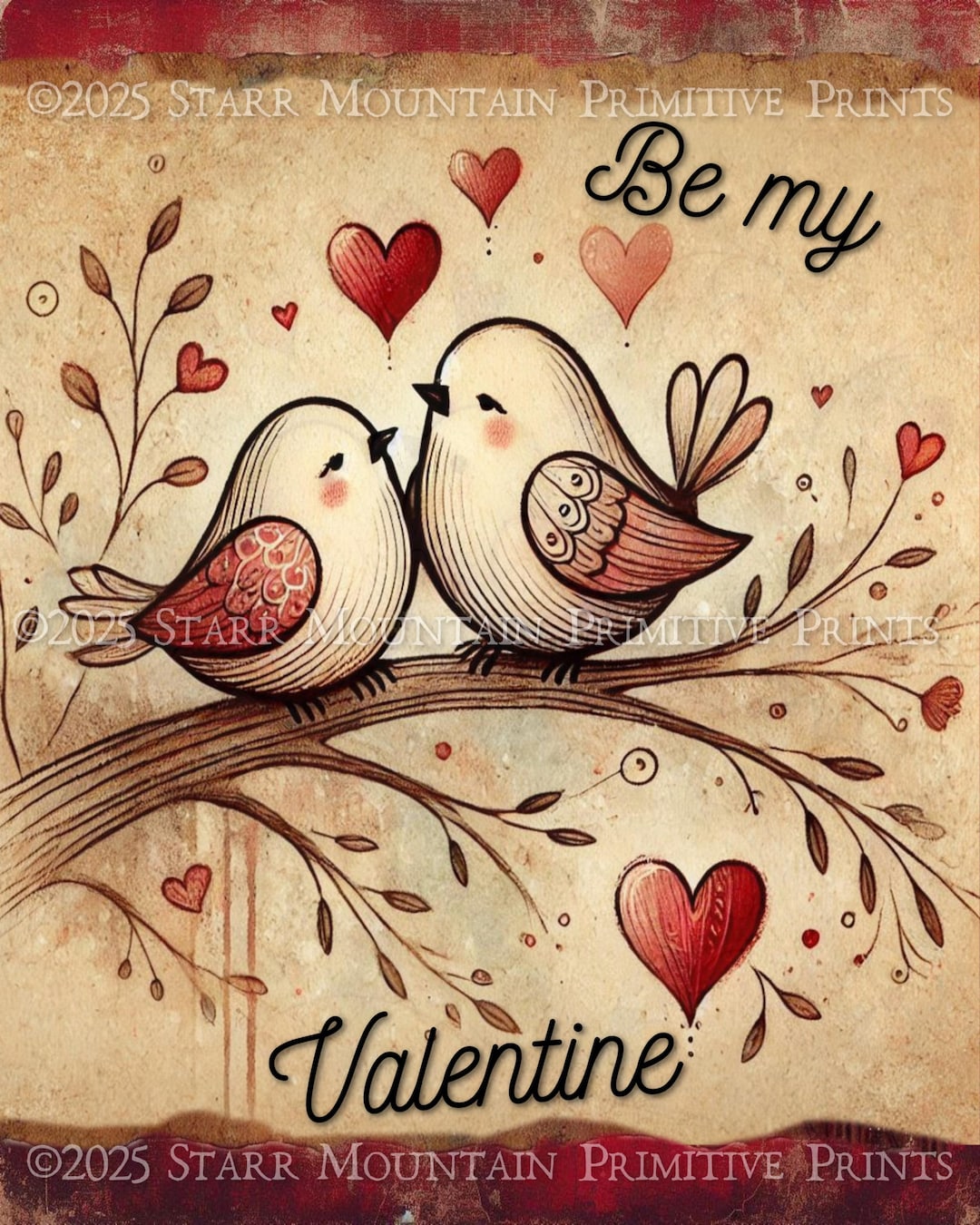 Primitive Folk Art Valentine's Day Love Birds Hearts Tree 8x10 Digital ...