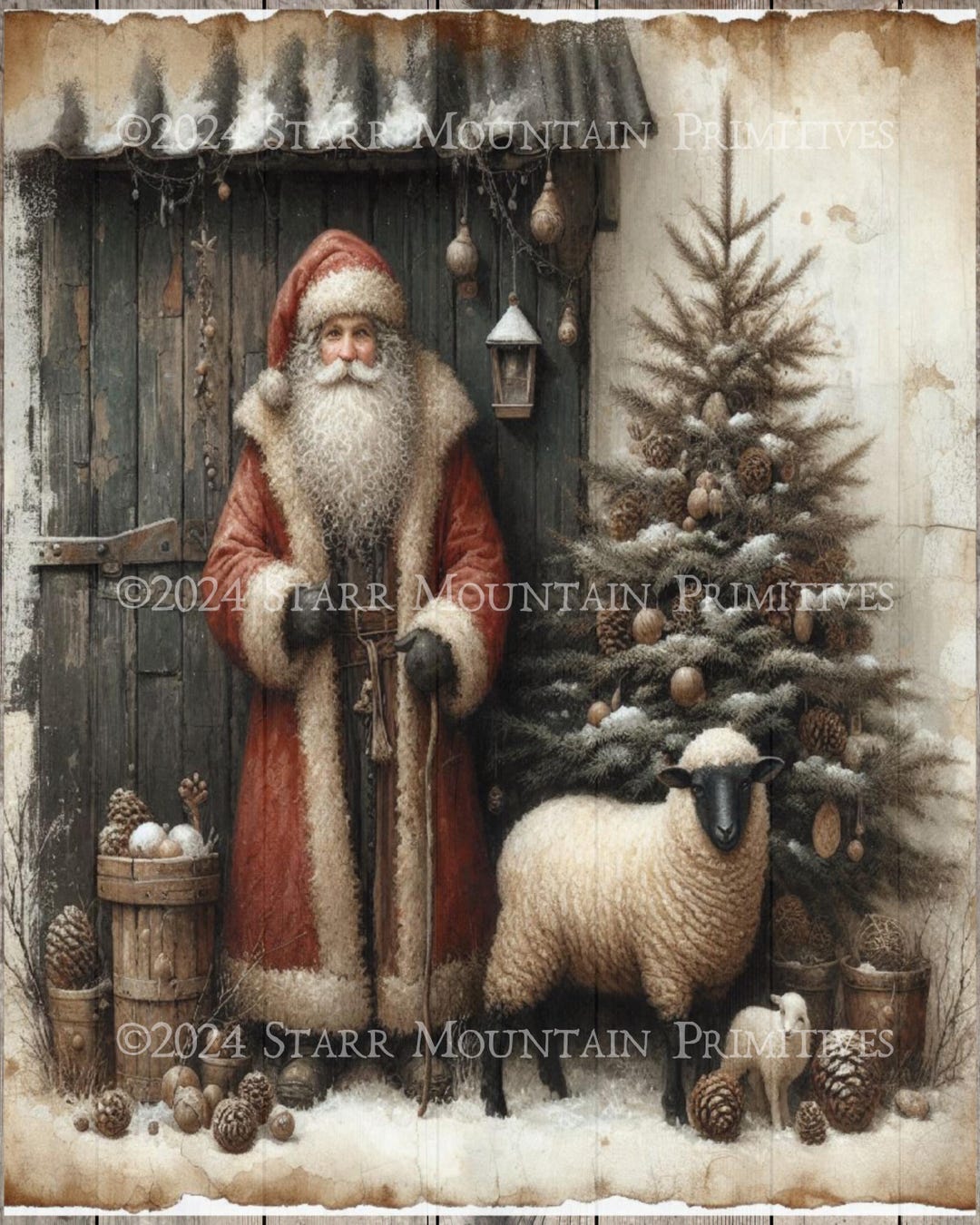 Primitive Farmhouse Grungy Old World Santa Claus Christmas Sheep Barn ...