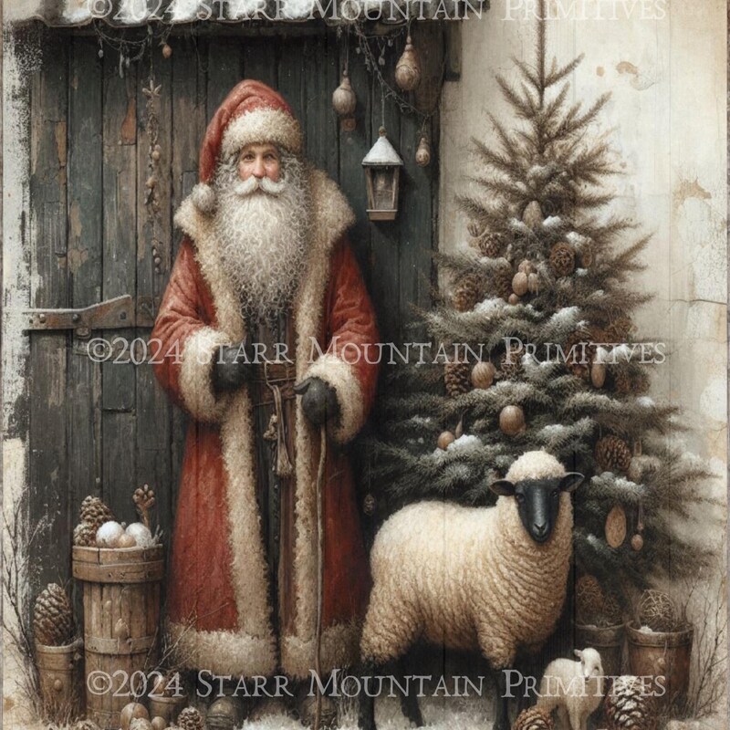 Santa Sheep and Barn Print - Etsy