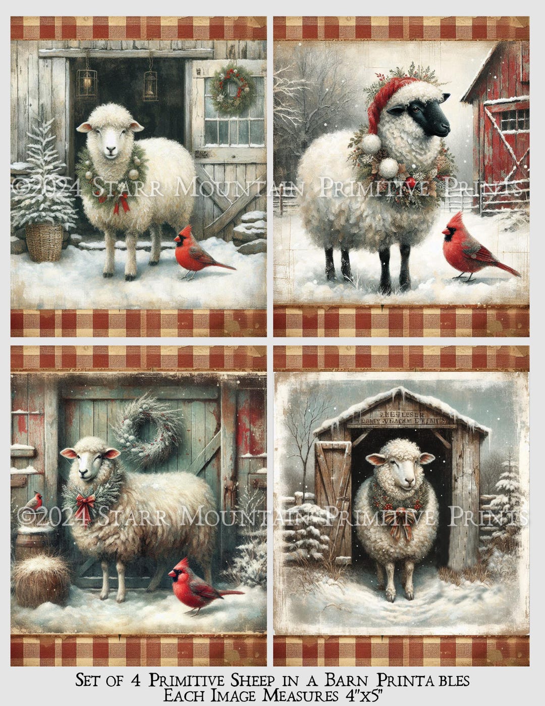 Primitive Farmhouse Winter Christmas Sheep in Barn Wreath Set of 4 4x5 ...