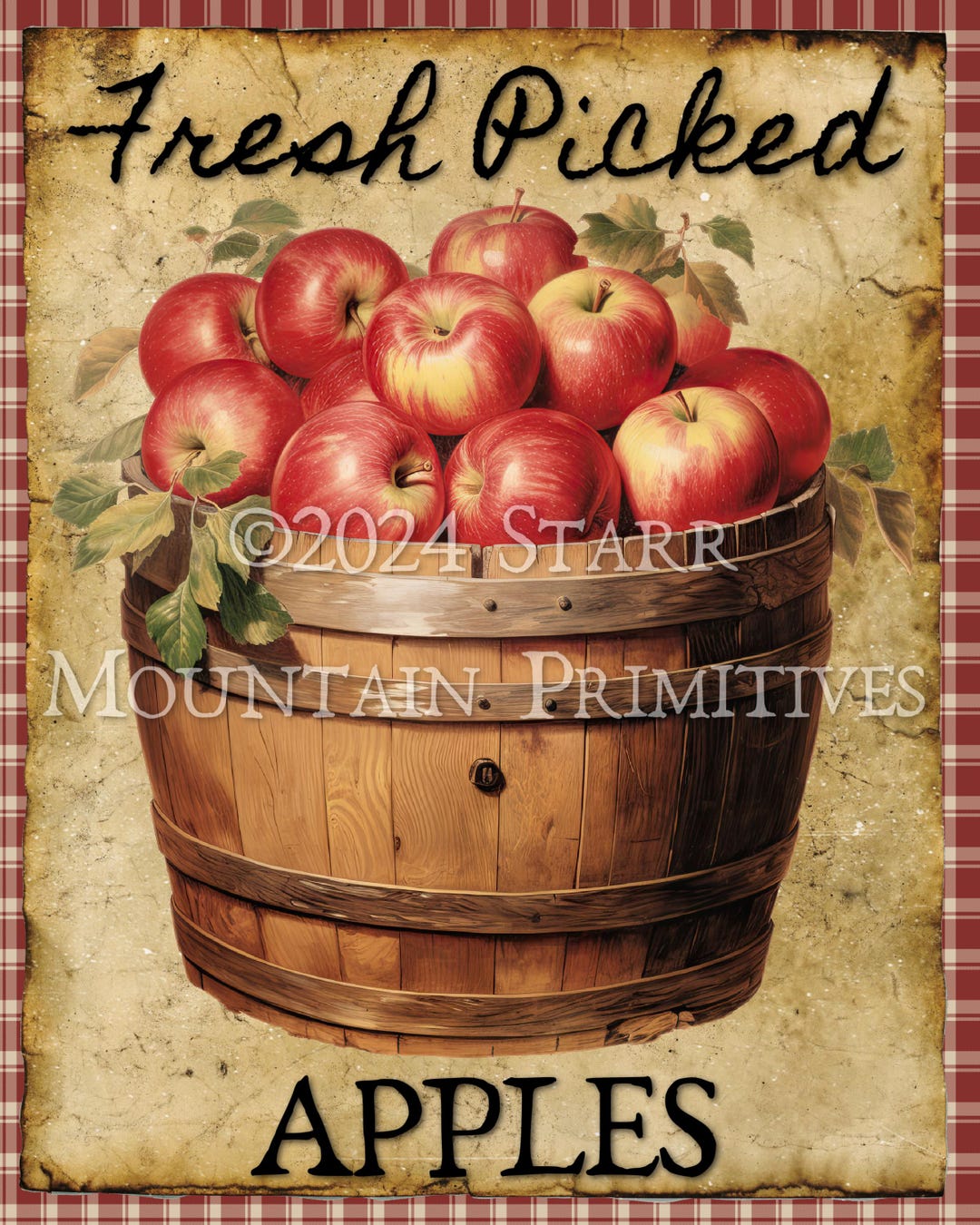 Primitive Gingham Vintage Advertisement Fresh Picked Apples Basket ...
