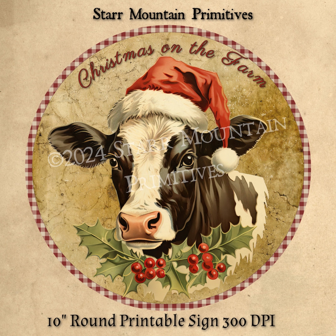 Primitive Vintage Country Farmhouse Christmas on Farm Cow Wreath Round ...
