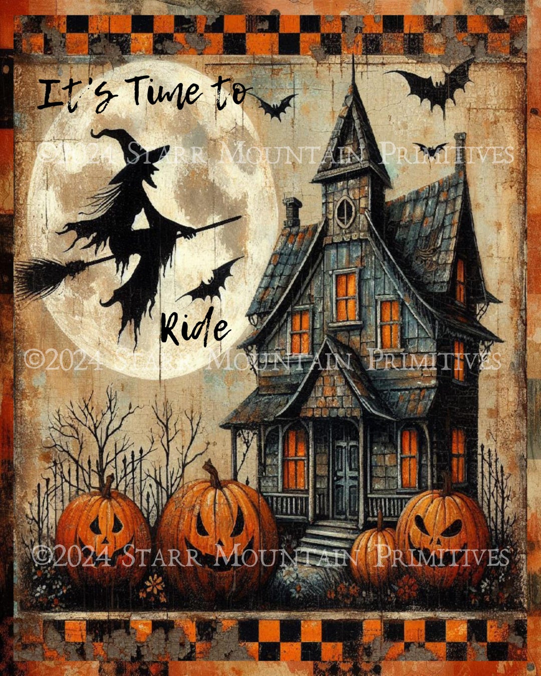 Primitive Halloween Haunted House Witch Moon Jack O Lantern JOL Chippy ...