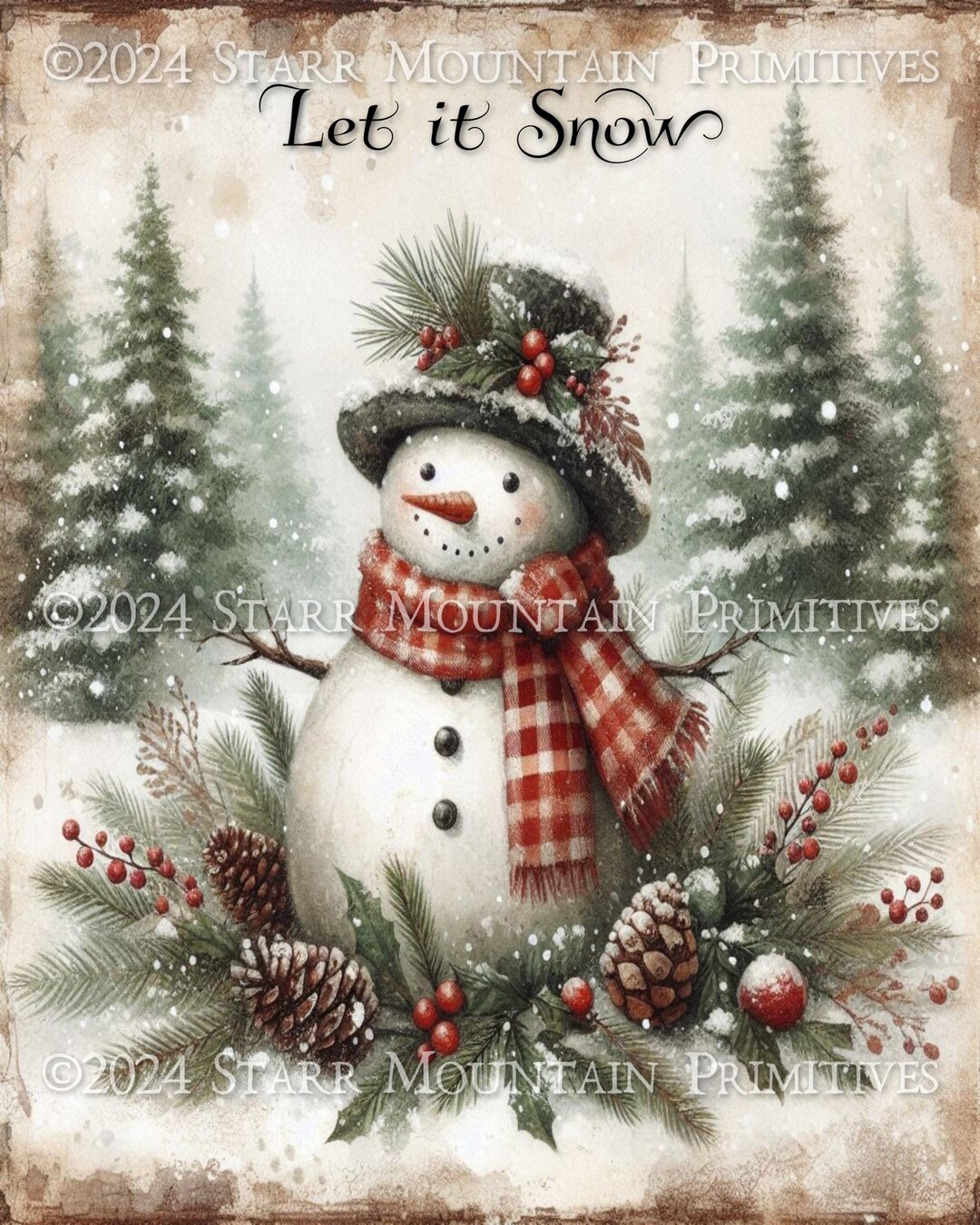 Primitive Farmhouse Snowman Christmas Let It Snow Greenery Printable ...