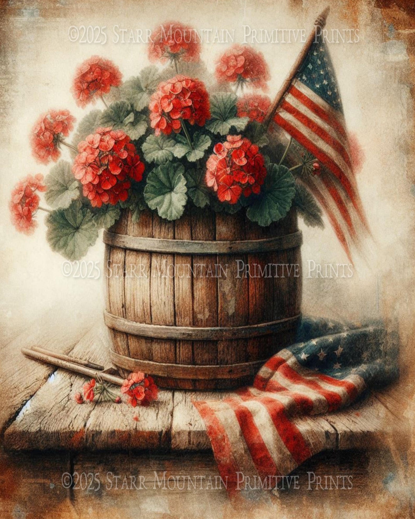 Primitive Farmhouse Patriotic Summer Americana American Flag Geraniums ...
