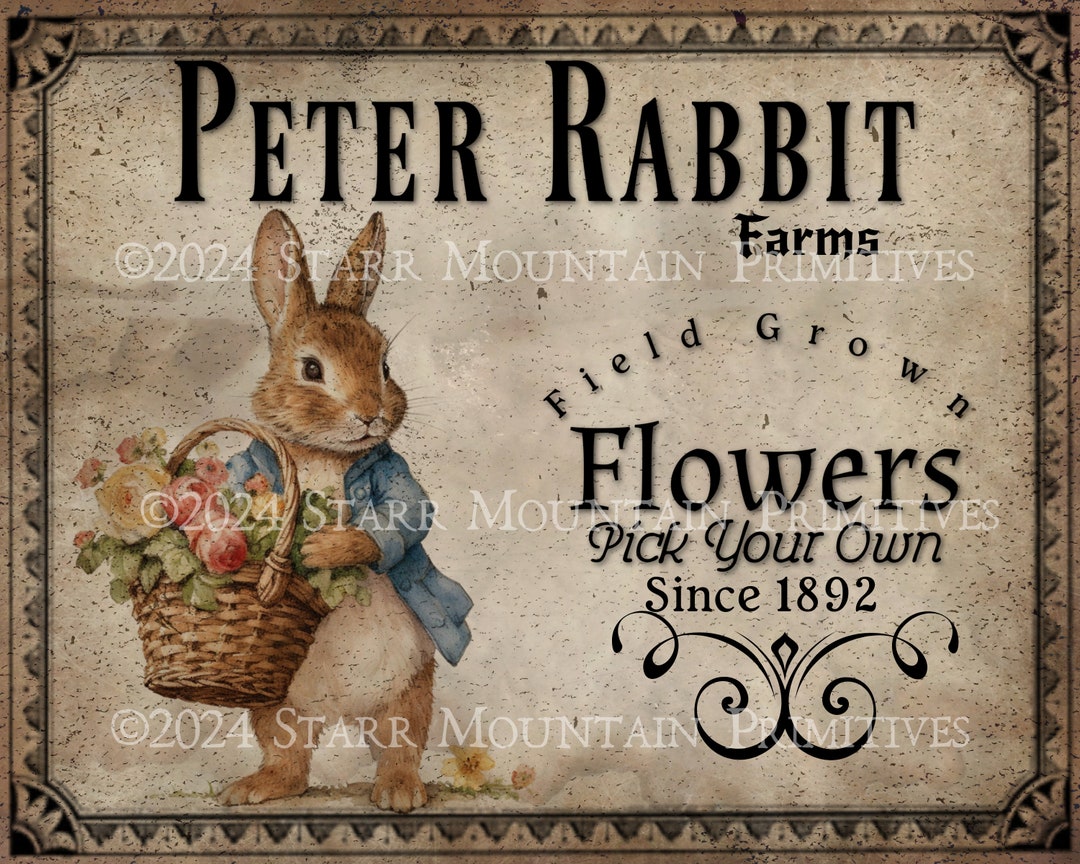 Primitive Vintage Peter Rabbit Farm Flowers Spring Printable Jpeg 300 ...