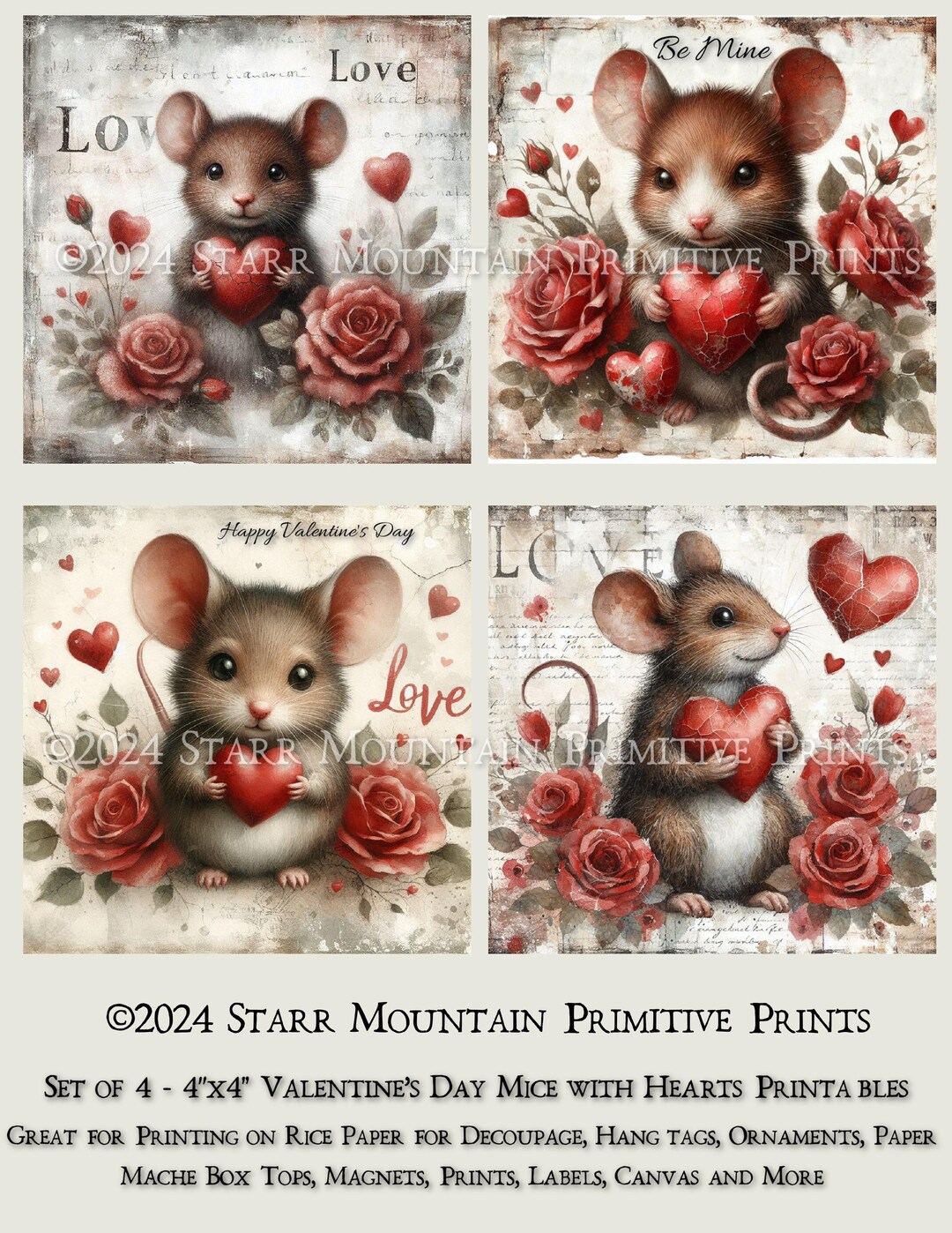 Valentine's Day Mice With Hearts Roses Love Set 4, 4x4 Digital Image ...