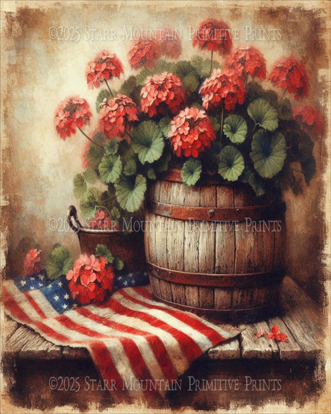 Primitive Farmhouse Patriotic Summer Americana American Flag Geraniums ...