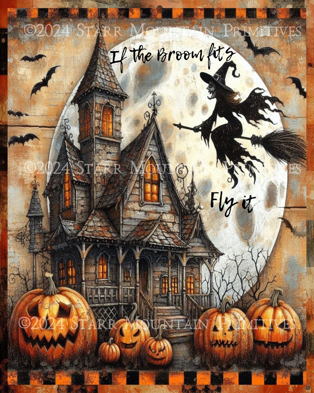 Primitive Halloween Haunted House Witch Moon Jack O Lantern JOL Chippy ...