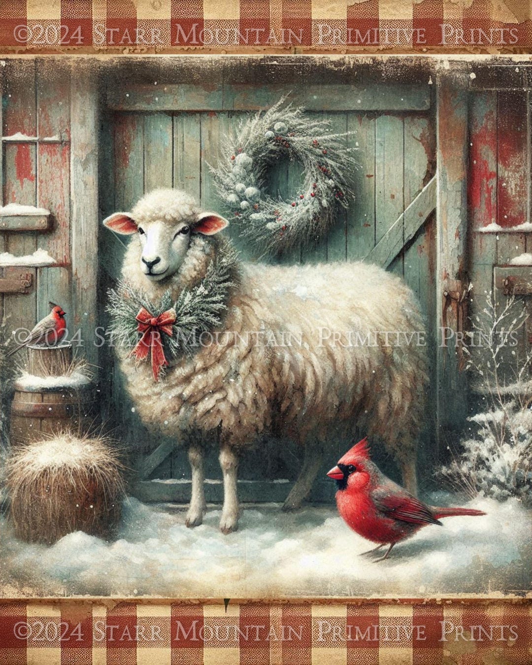 Primitive Farmhouse Christmas Sheep in Barn Wreath Cardinal Printable ...