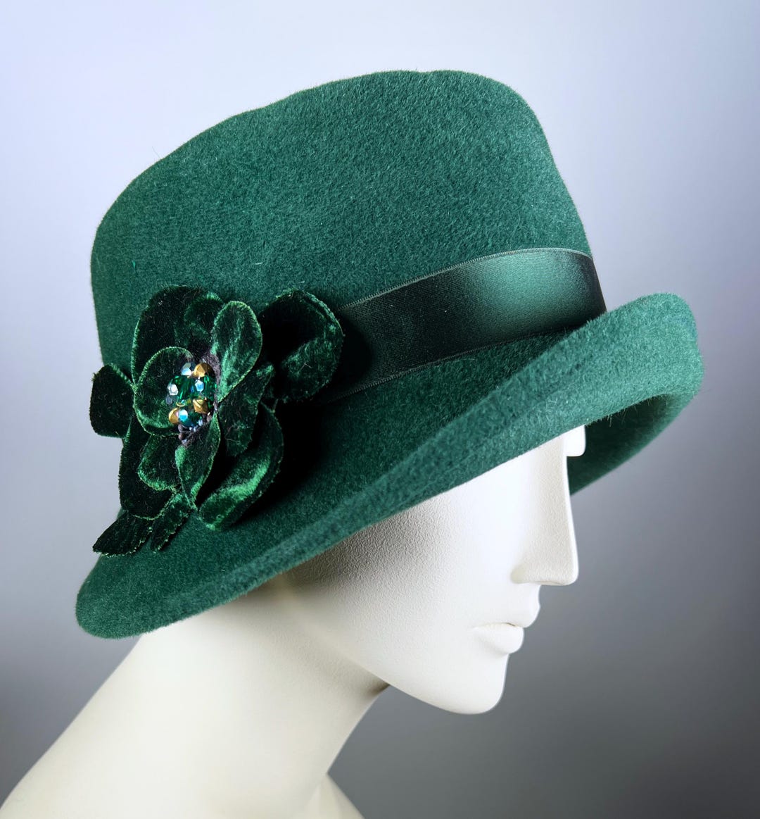 Emerald Green Fur Felt Velour Hat Medium Upturn Brim Satin Ribbon Band ...