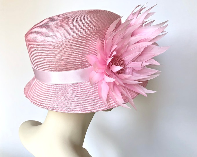 Pink Parasisal Straw Hat Women Derby Hat Handmade Feather Flower - Etsy