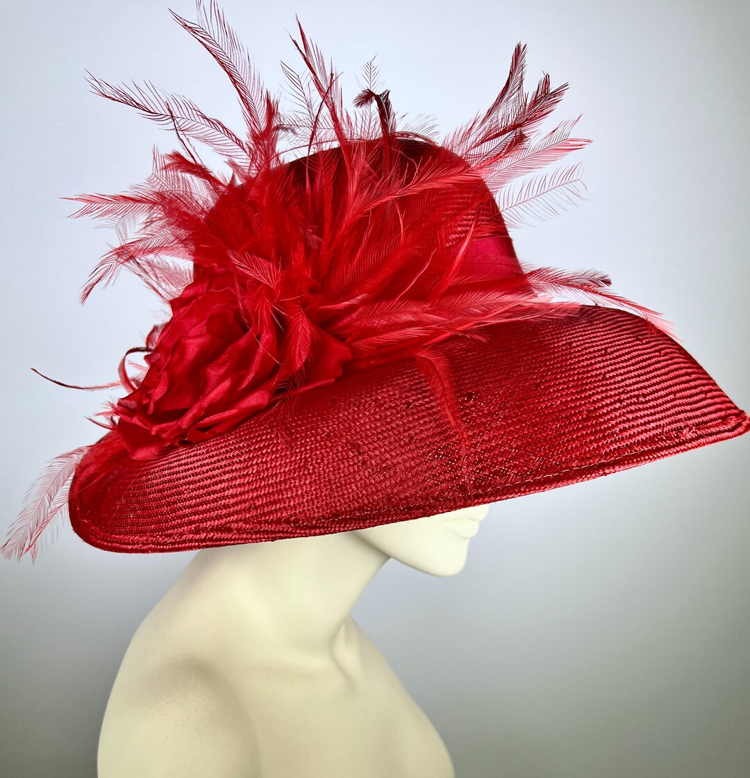 Kentucky Derby Hat Wide Brim Red Hat Derby Hat With Feathers Wide ...