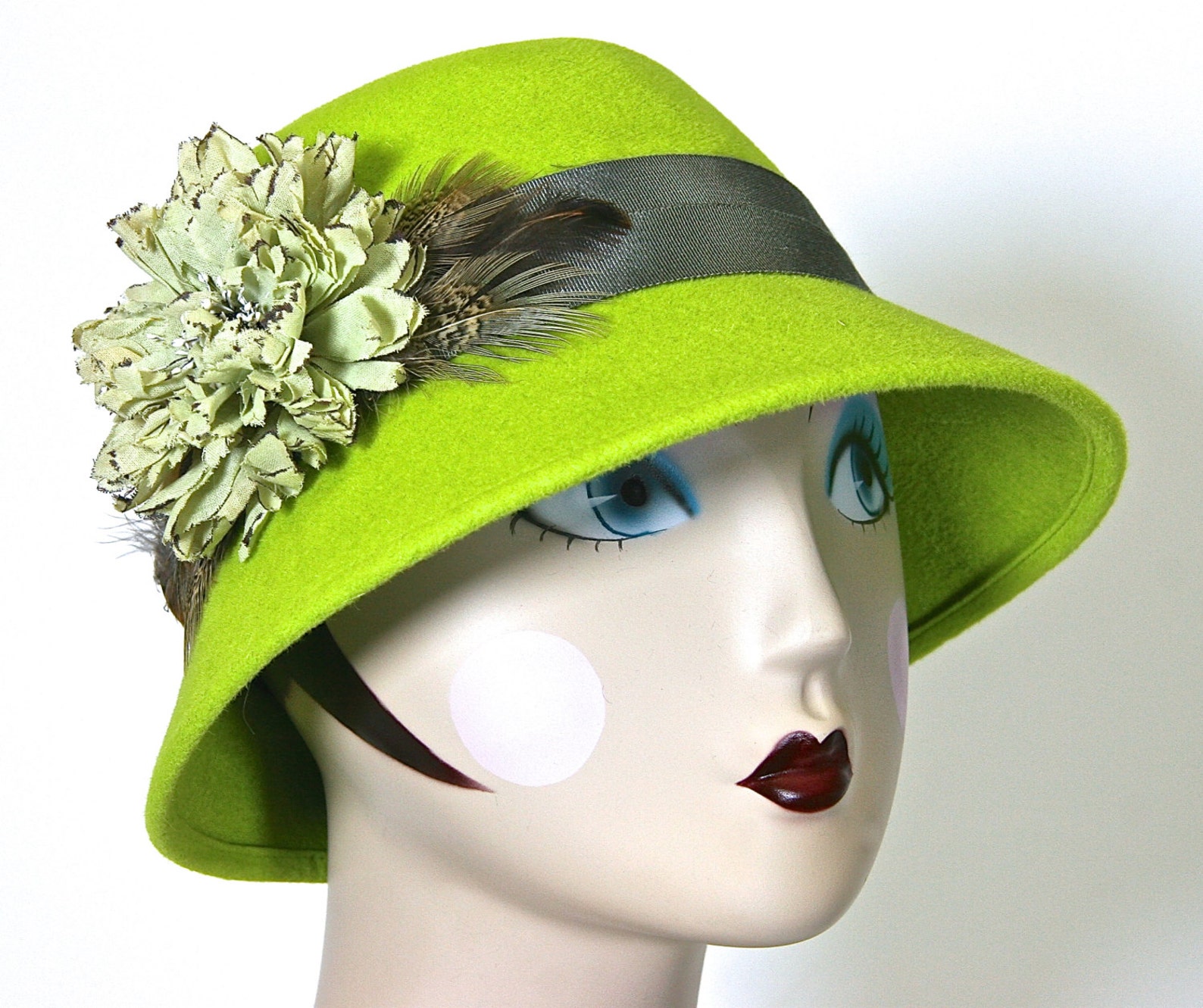 Fur Felt Women's Winter Hat Lime Green Felt Cloche Handmade Vintage ...