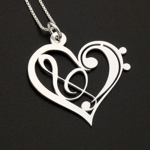 G Clef Bass Clef Heart Necklace BRIGHT SATIN FINISH Silver - Etsy