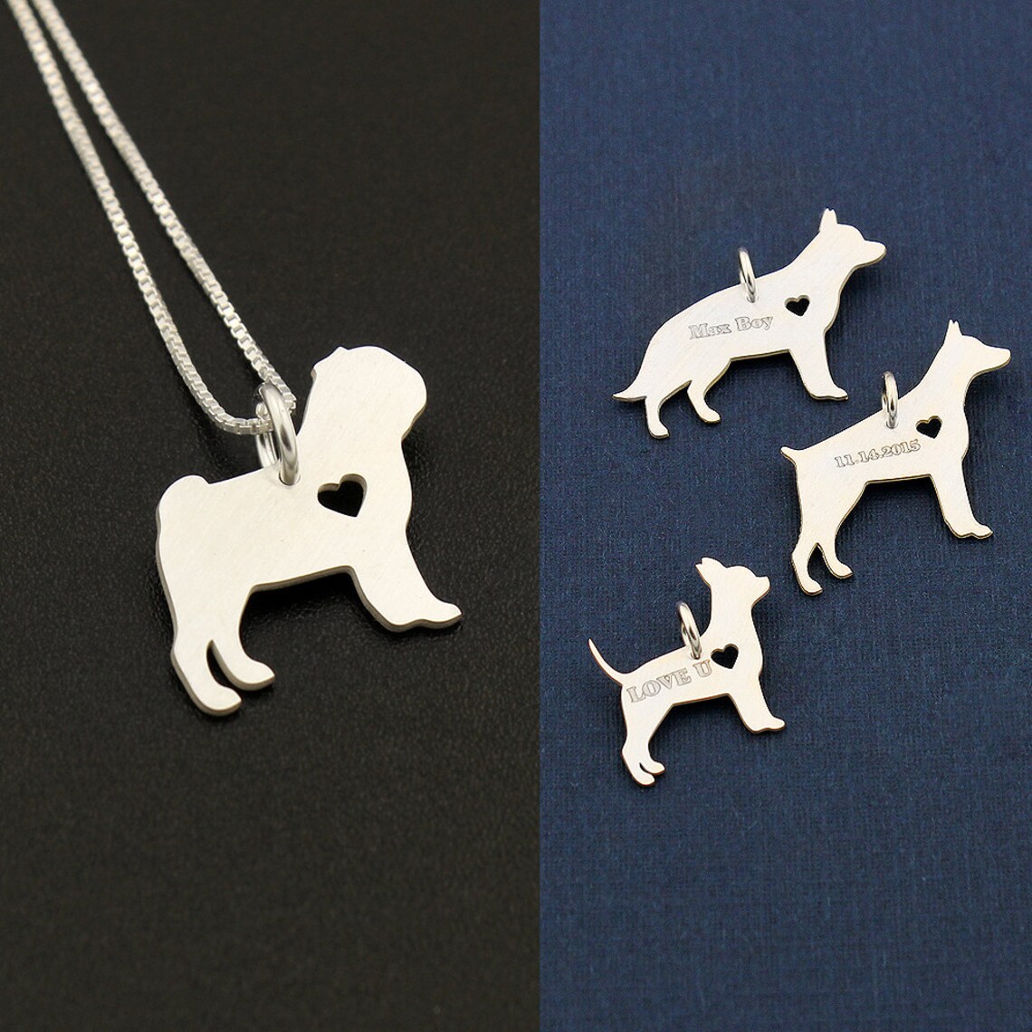 Pug Necklace Engrave Sterling Silver Dog With Heart Pug Dog Breeds ...