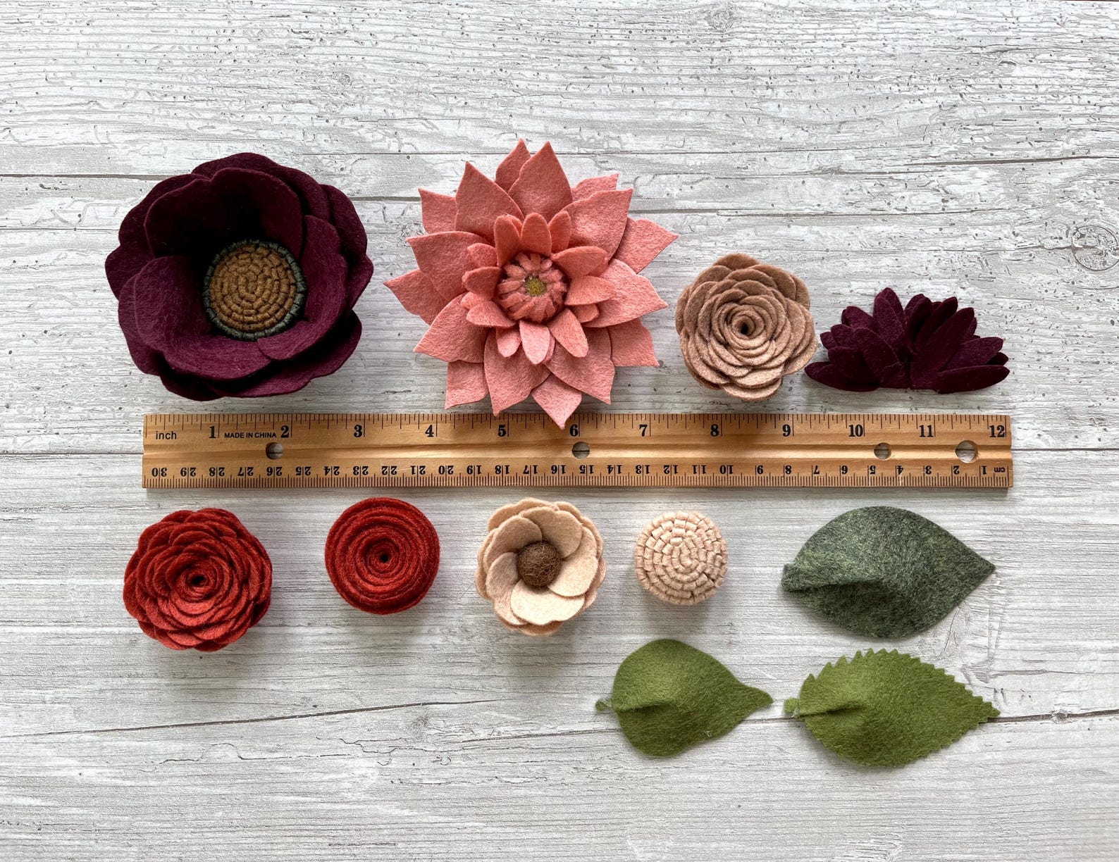 Fall Dahlia Felt Flower Set, Burgundy, Salmon, Taupe, Assembled Flowers ...