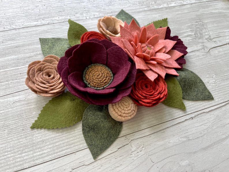 Fall Dahlia Felt Flower Set, Burgundy, Salmon, Taupe, Assembled Flowers ...