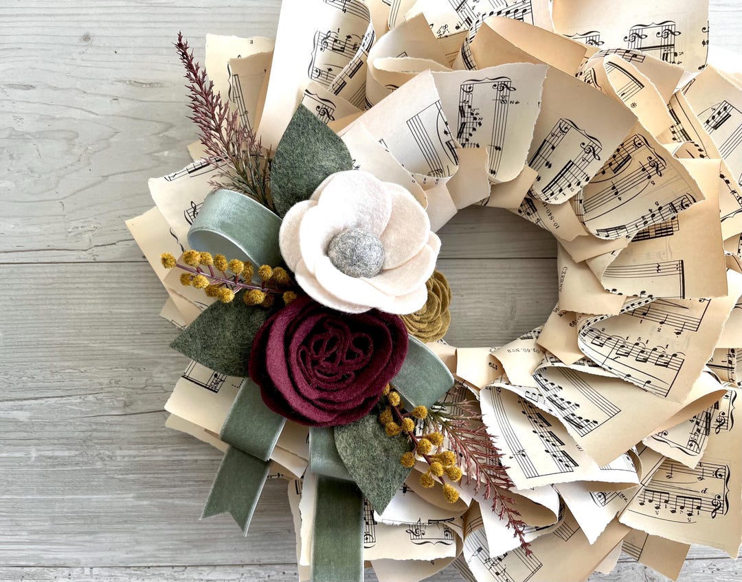 Classical Music Wreath, Vintage Sheet Music, Felt Flowers, Burgundy ...