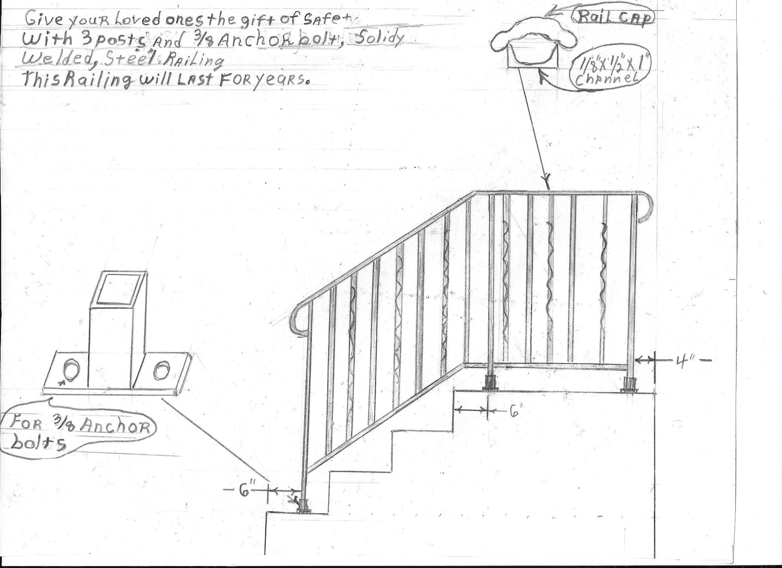 Railing for Steps With 3 Step and 2 Ft to 4 Ft. Landing Custom Made ...