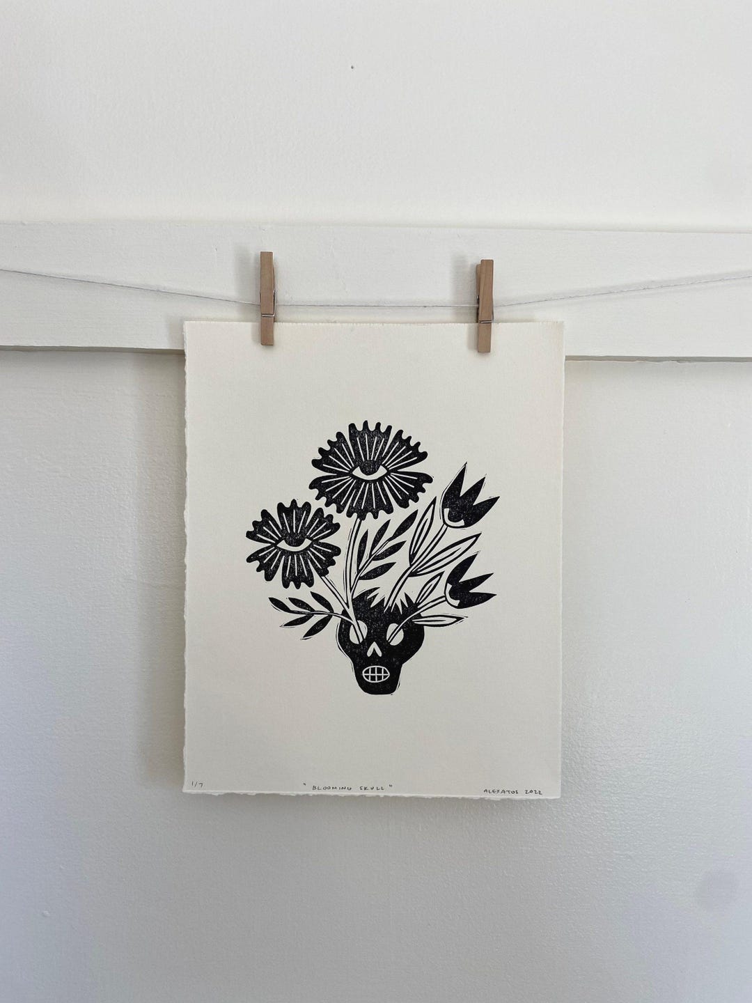 Blooming Skull Linocut Print, Memento Mori Folk Art (8x10) - Etsy