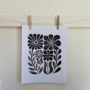 Retro Blooming Block Print, Lino Print, Hand-pulled Prints, Retro ...