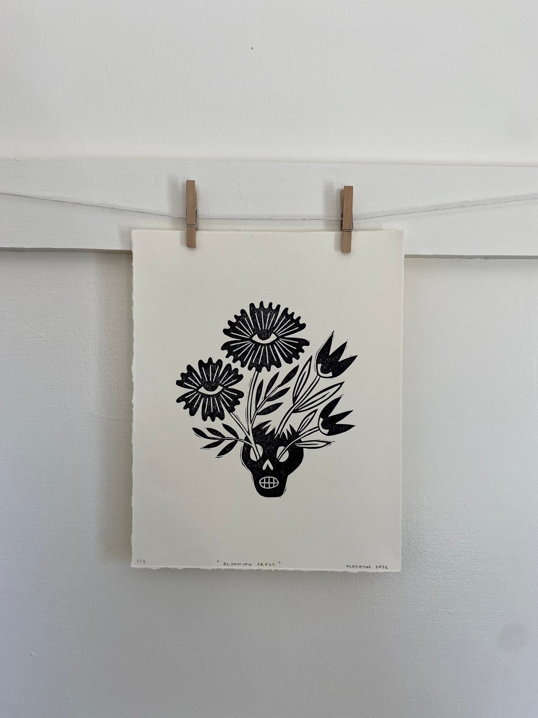 Blooming Skull Block Print, Linocut Print, Botanical Art, Memento Mori ...