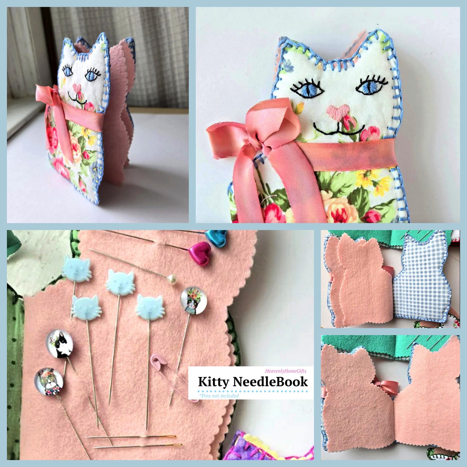 Kitty Needle Book, Cute Sewing Gift, 100% Cotton Fabric. Felt Pages to ...