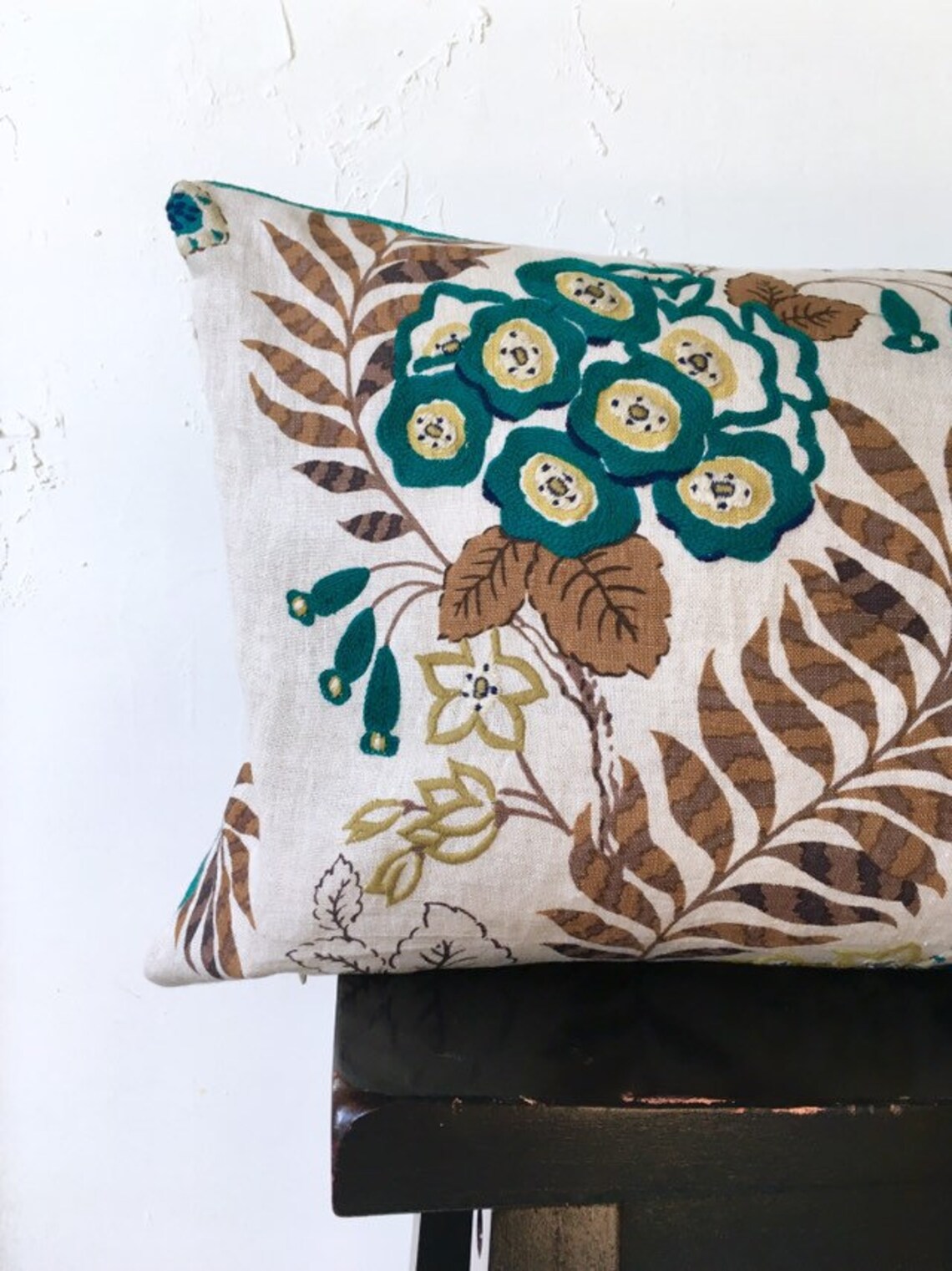 Botanical Embroidered Pillow Cover Teal Floral Throw Pillow | Etsy