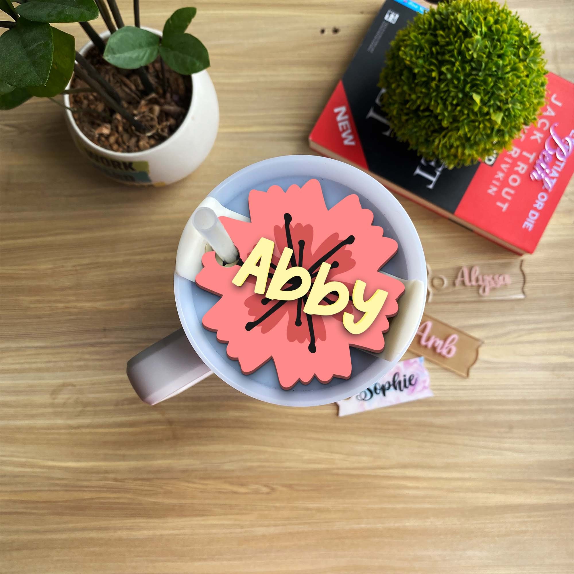 Personalized Tumbler Topper, Name Plate, Cup Name Tag, Flower Tumbler ...