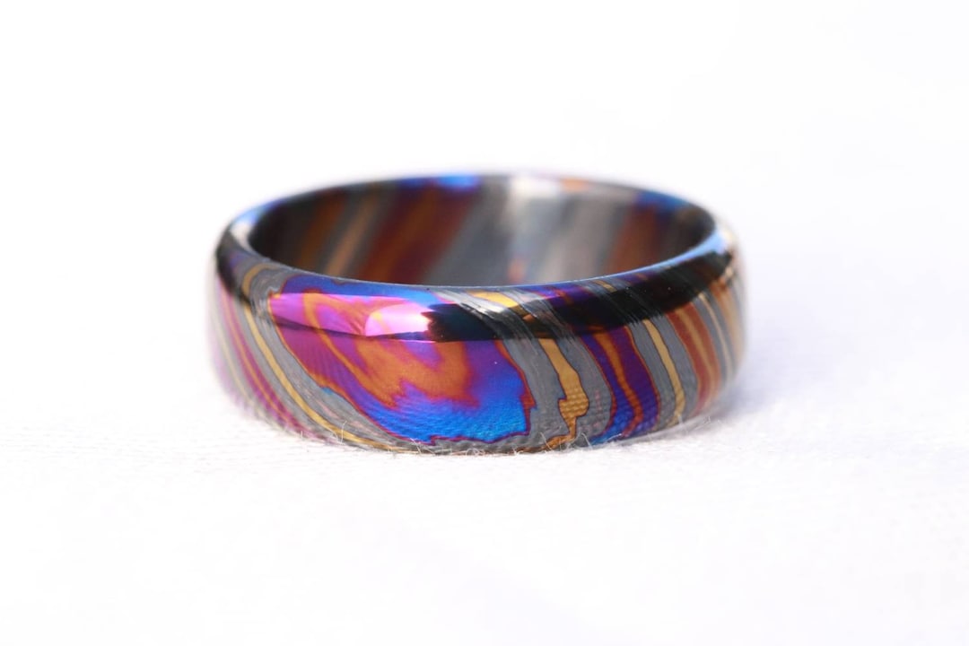 Black Timascus Ring 7mm Wide Titanium Zirconium, Mokuti Ring (polished ...