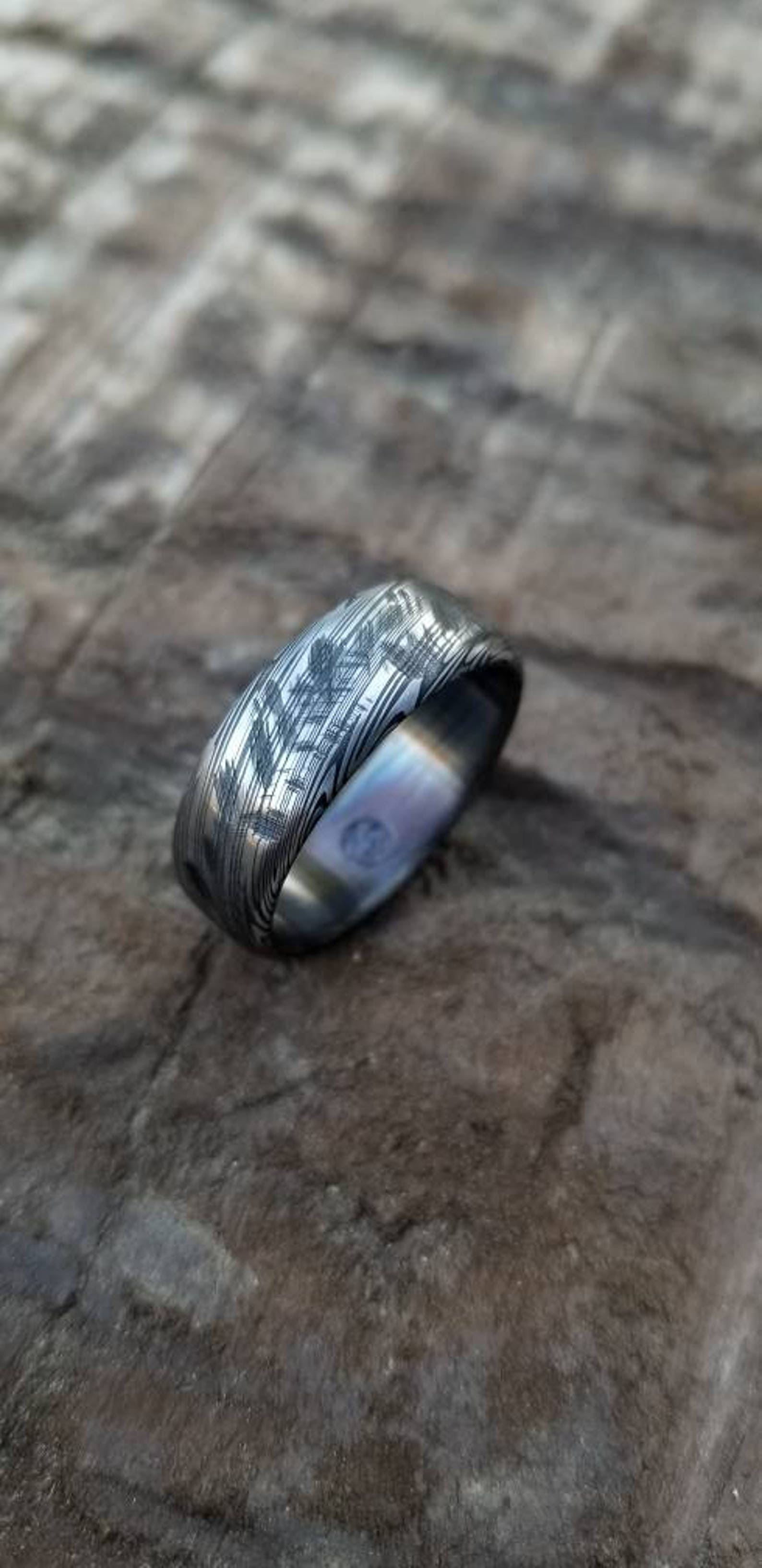 Weathered Damascus Ring Stainless Steel Damascus black & Blue Provider ...