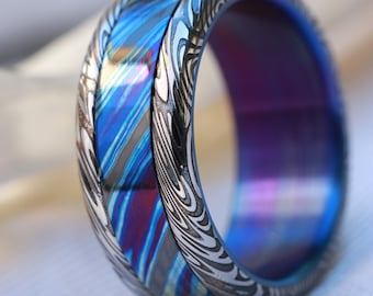 Damascus Steel Ring 8mm Black Timascus Mokuti & Stainless Black ...